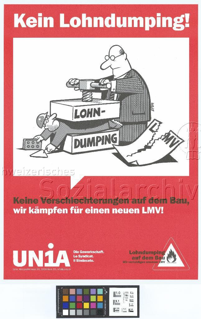 "Kein Lohndumping!", Schweiz, 2007 - Plakat der UNIA mit einem Comic ...
